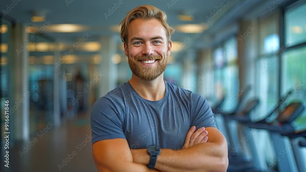 A well-trained man fitness instructor stands tall and confident in a ...