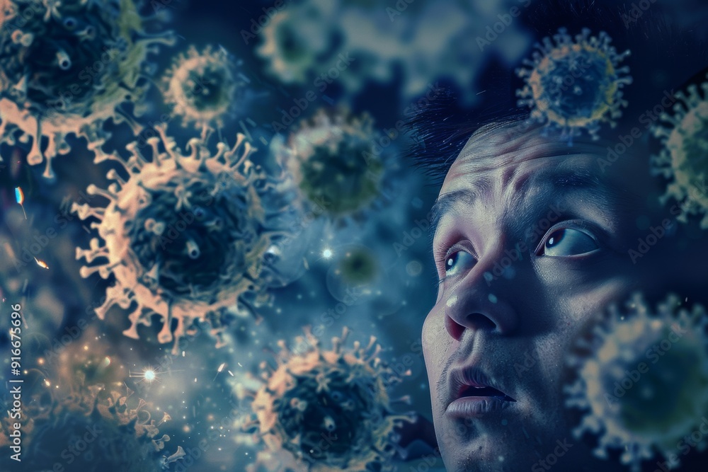 Fat white man feels fear and stress while looking viruses. Reacting to ...