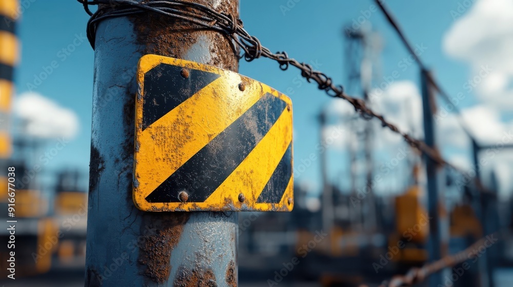 High-voltage warning sign on rusty metal fence around power substation ...