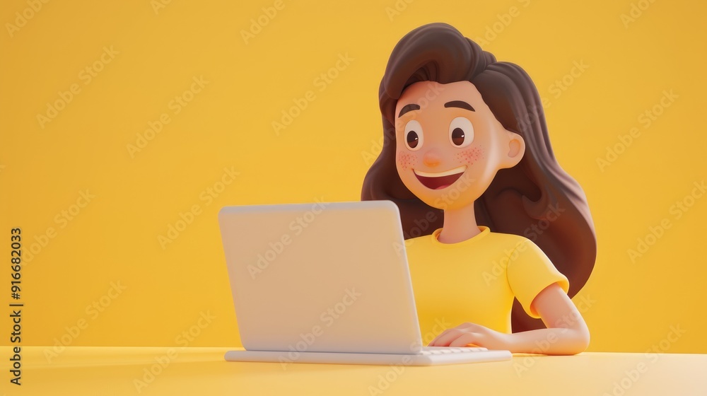 Animated cartoon character working on laptop, solid color background ...