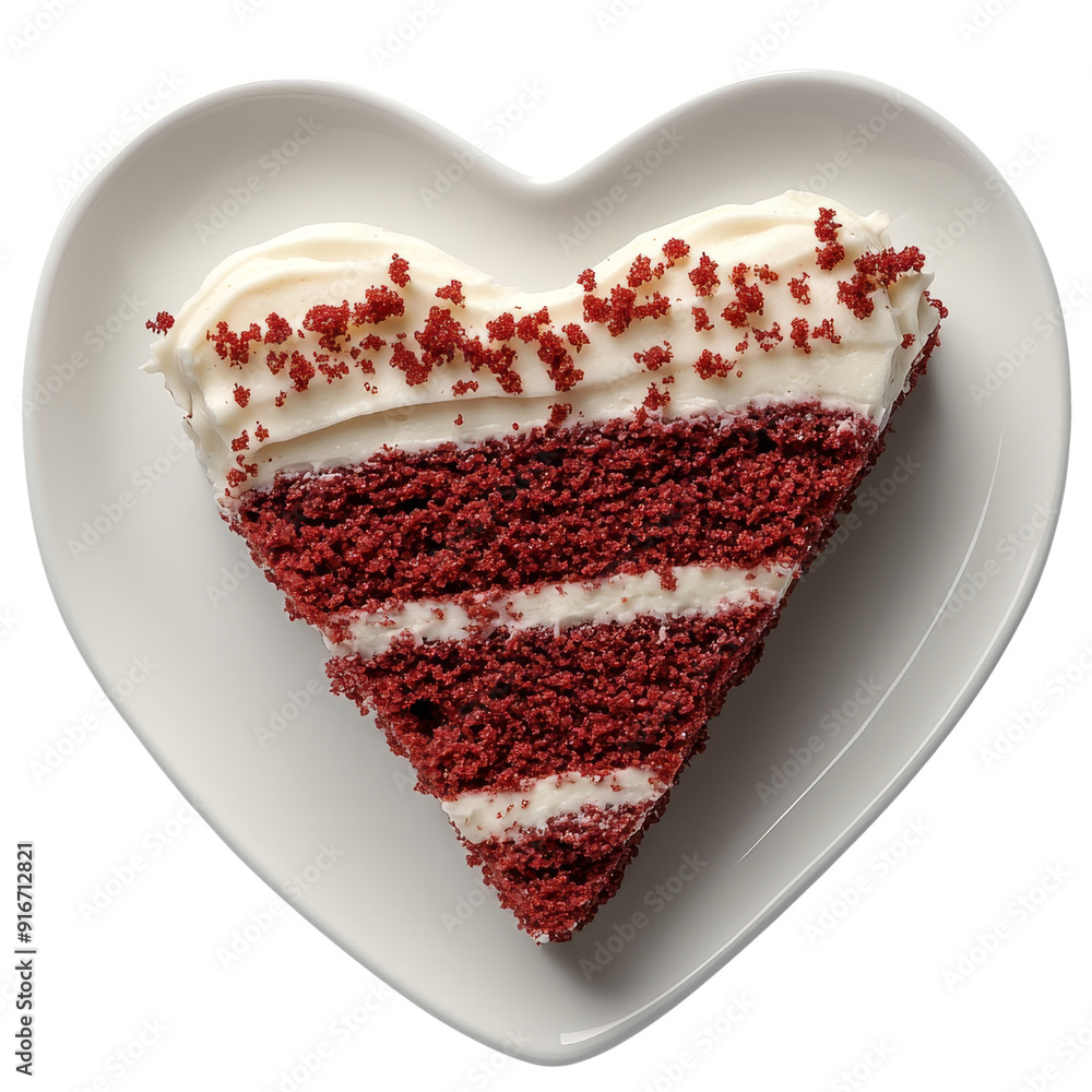 Red velvet cake slice with cream cheese frosting on a heart-shaped ...