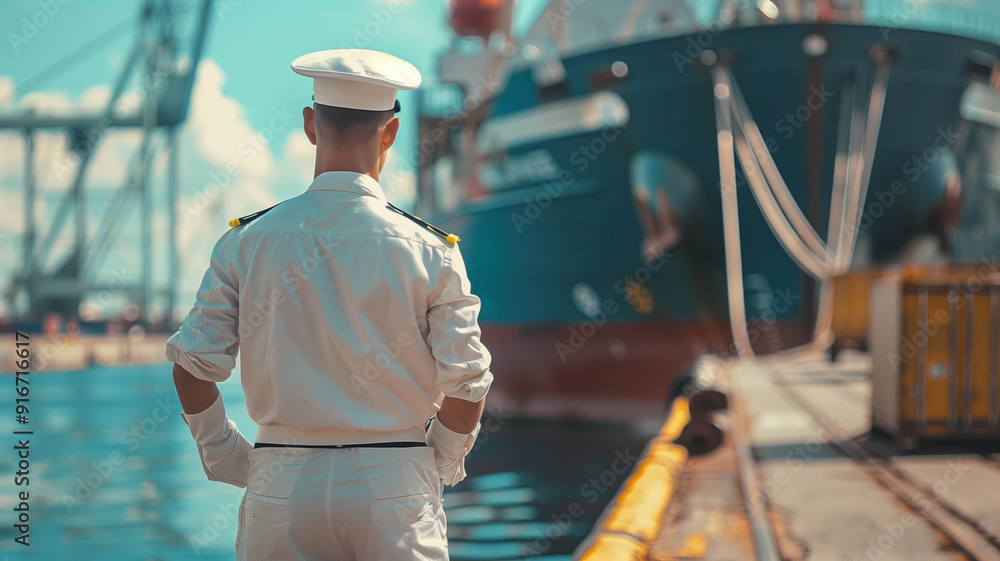 A port captain in a white uniform overseeing the loading of a ship ...