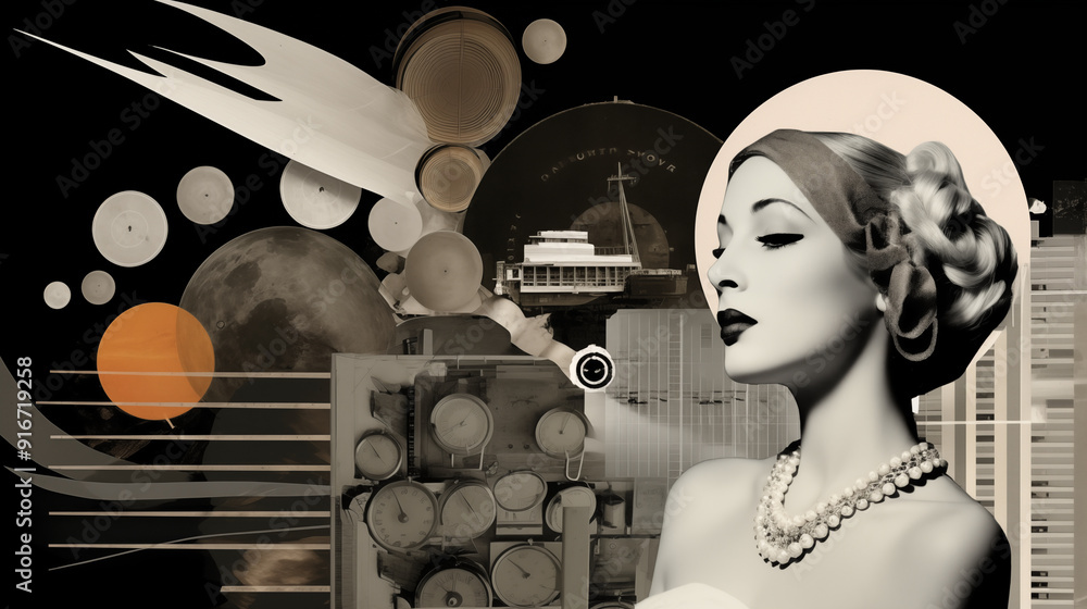 Modernist collage, Photomontage of an elegant woman wearing pearls with ...