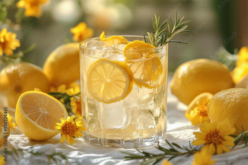 Summer refreshing lemonade or alcoholic cocktail with ice, rosemary and lemon slices on the ...