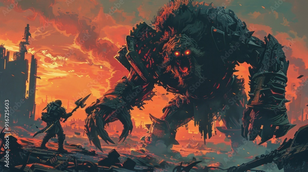 Warrior versus giant monster. A lone warrior stands against a colossal ...