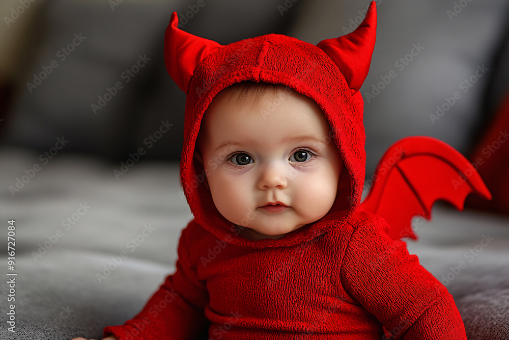 Cute baby wearing red Halloween devil costume hoodie with horns and ...