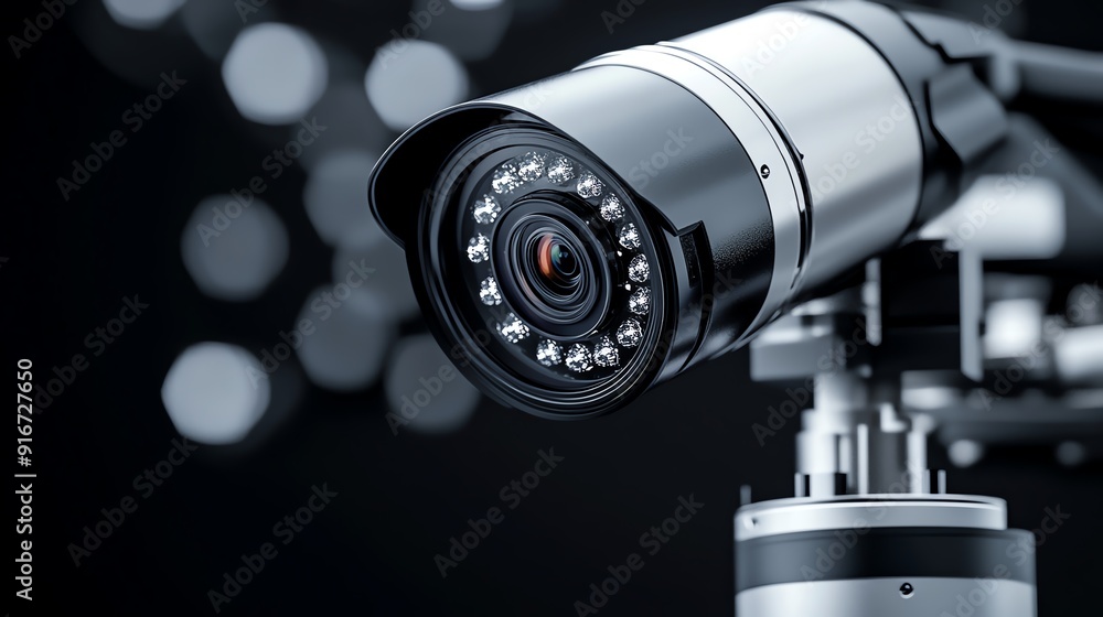 Illustrate a close-up shot of a high-tech CCTV camera installation with ...