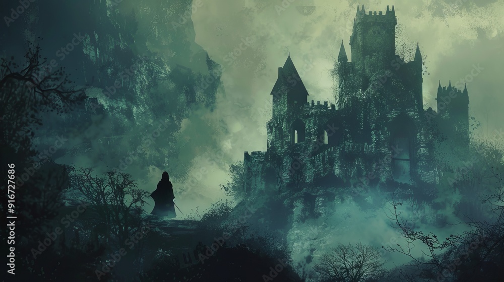Mysterious figure approaching ancient castle. A solitary figure in a ...