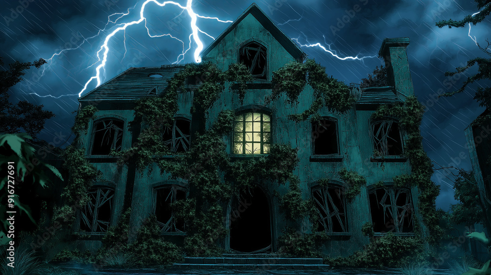 Haunted house with broken windows, lightning strikes, and overgrown ...