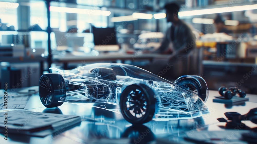 Futuristic car design concept on table. A wireframe model of a ...