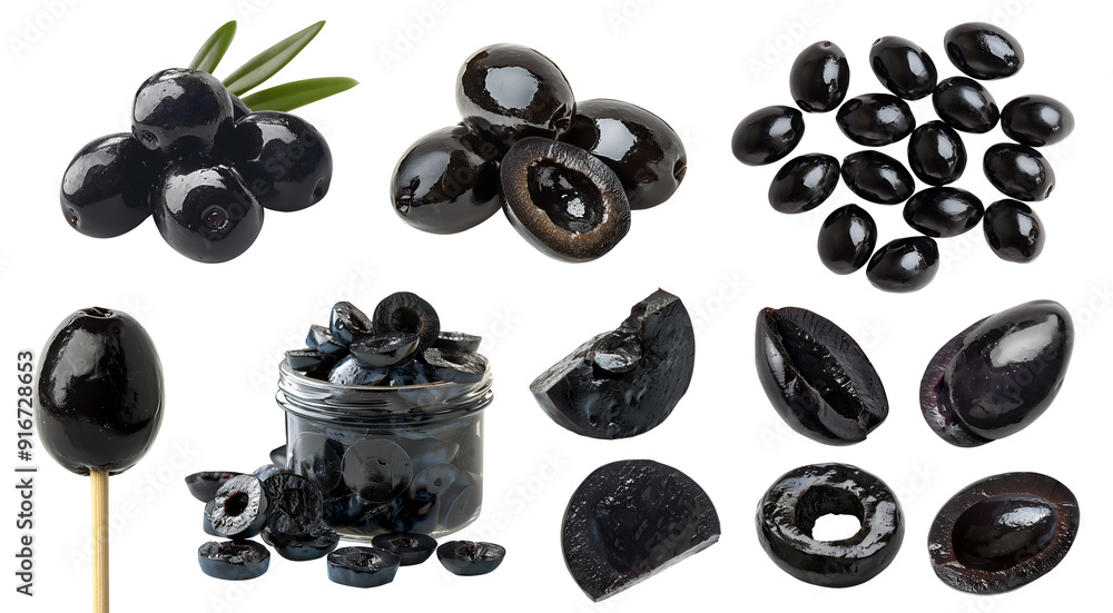 Black olive olives fruit vegetable, many angles and view side top front ...