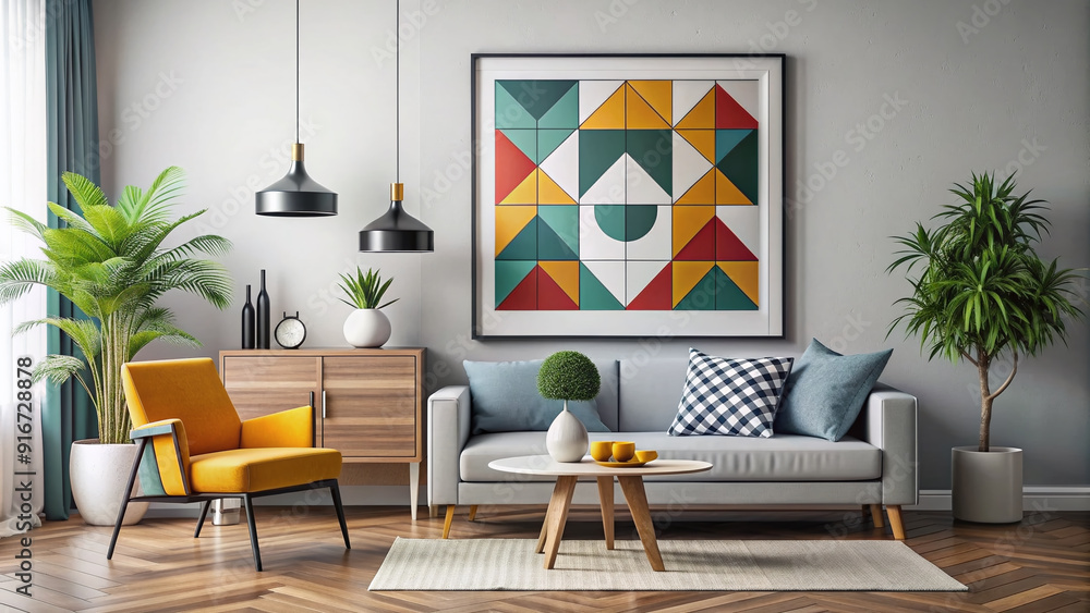 Sleek, modern poster with bold, geometric shapes and limited color ...