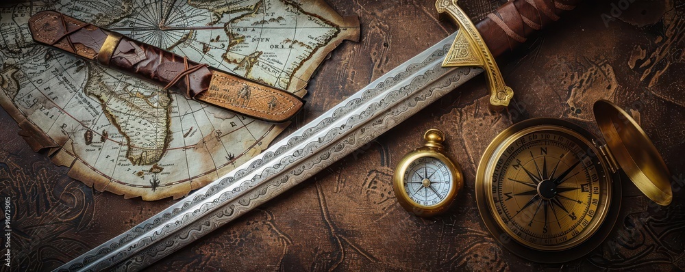 Medieval sword with a leatherwrapped hilt, beside an old map and ...
