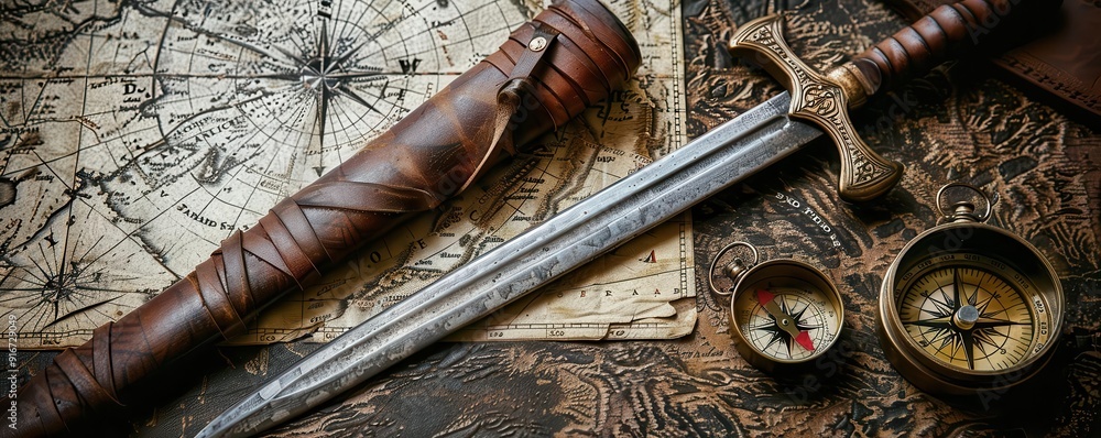 Medieval sword with a leatherwrapped hilt, beside an old map and ...