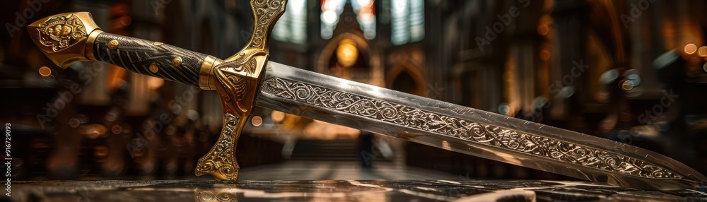 Medieval sword with a gold filigree hilt, in a grand cathedral Stock ...