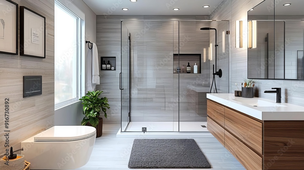 Modern bathroom with walk-in shower, floating vanity, and sleek ...