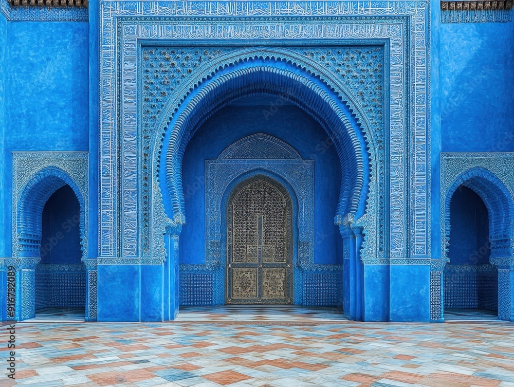 The blue archway of a building is decorated with intricate designs and ...