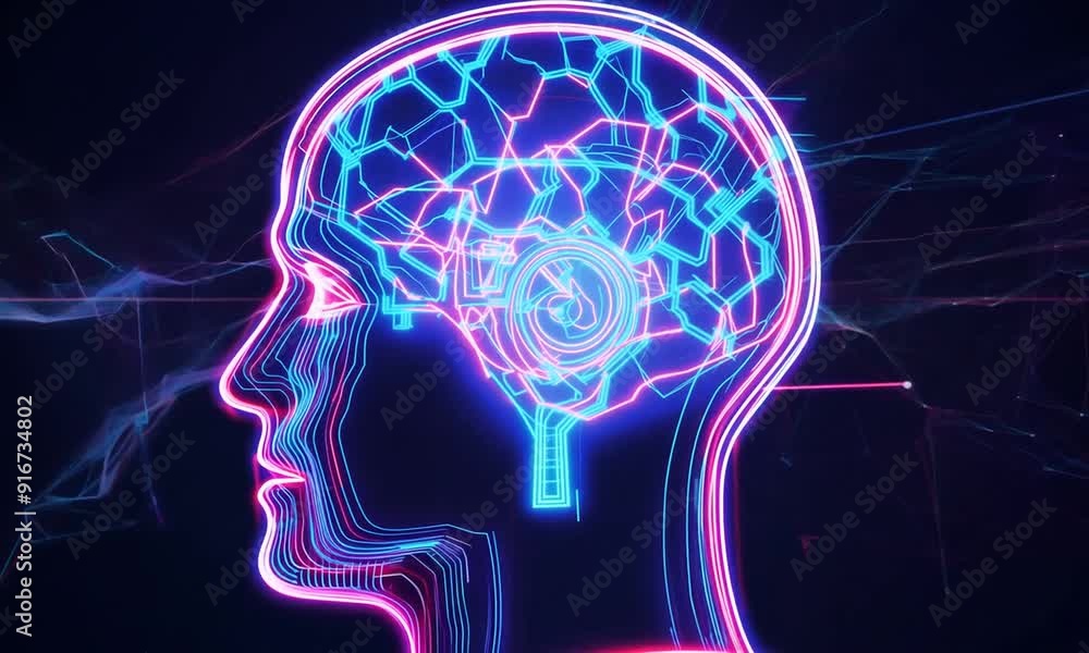 Mind's Network: An ethereal, neon-lit profile of a human head with a ...