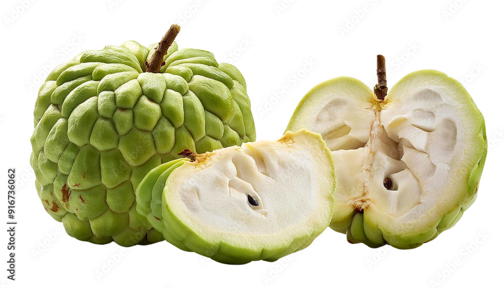 Fresh green cherimoya fruit, cut in half revealing creamy interior with ...