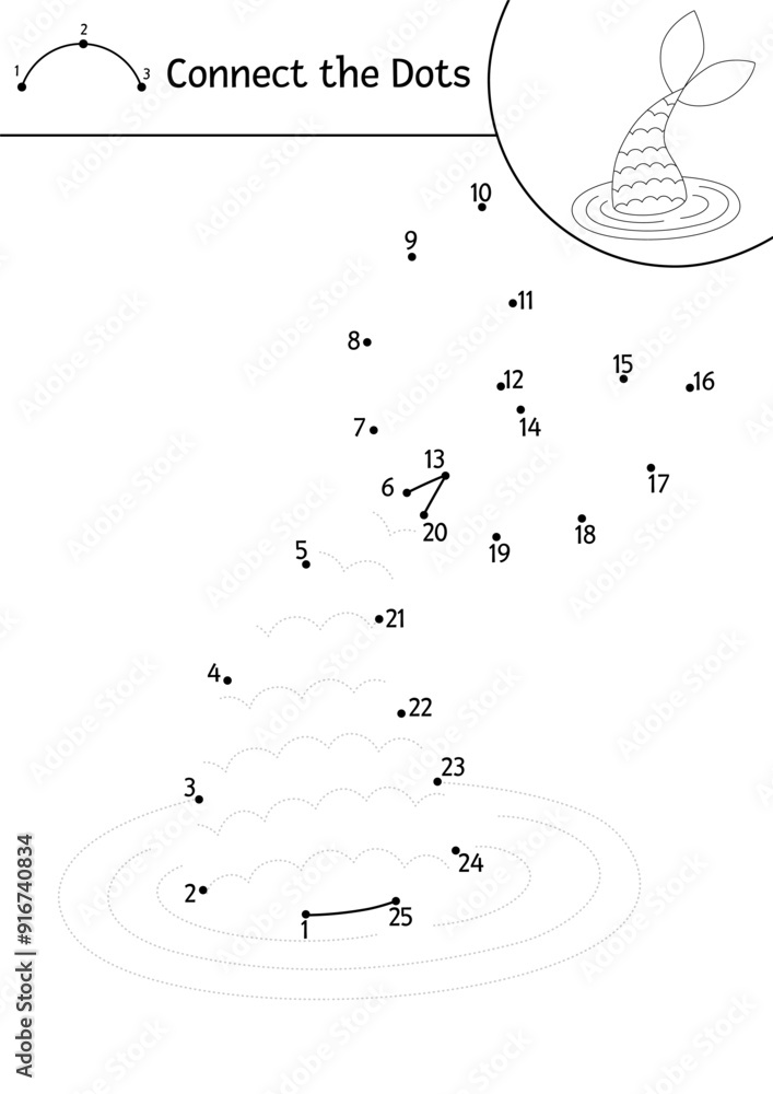 Vector dot-to-dot and color activity with cute mermaid tail. Ocean ...