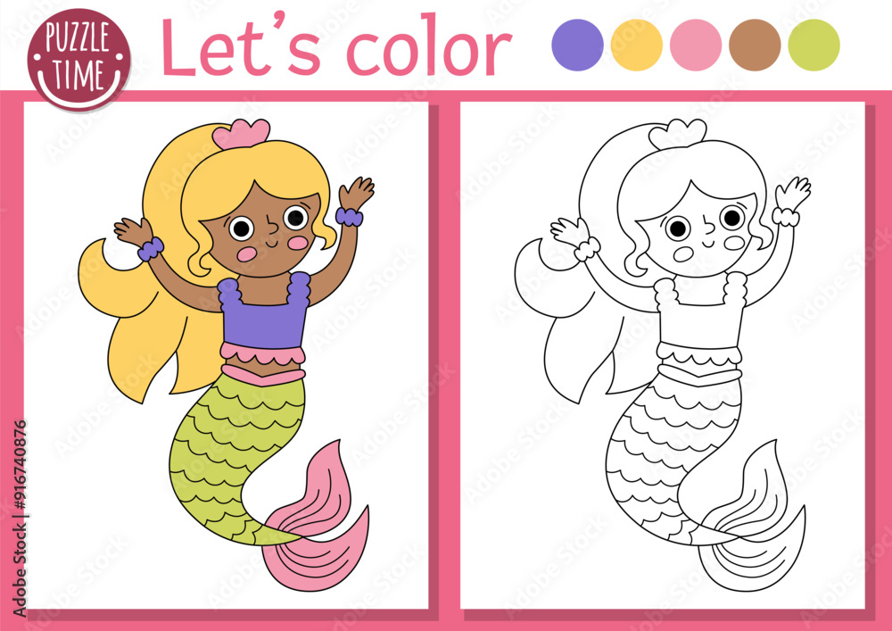Mermaid coloring page for children with cute sea princess. Vector ocean ...
