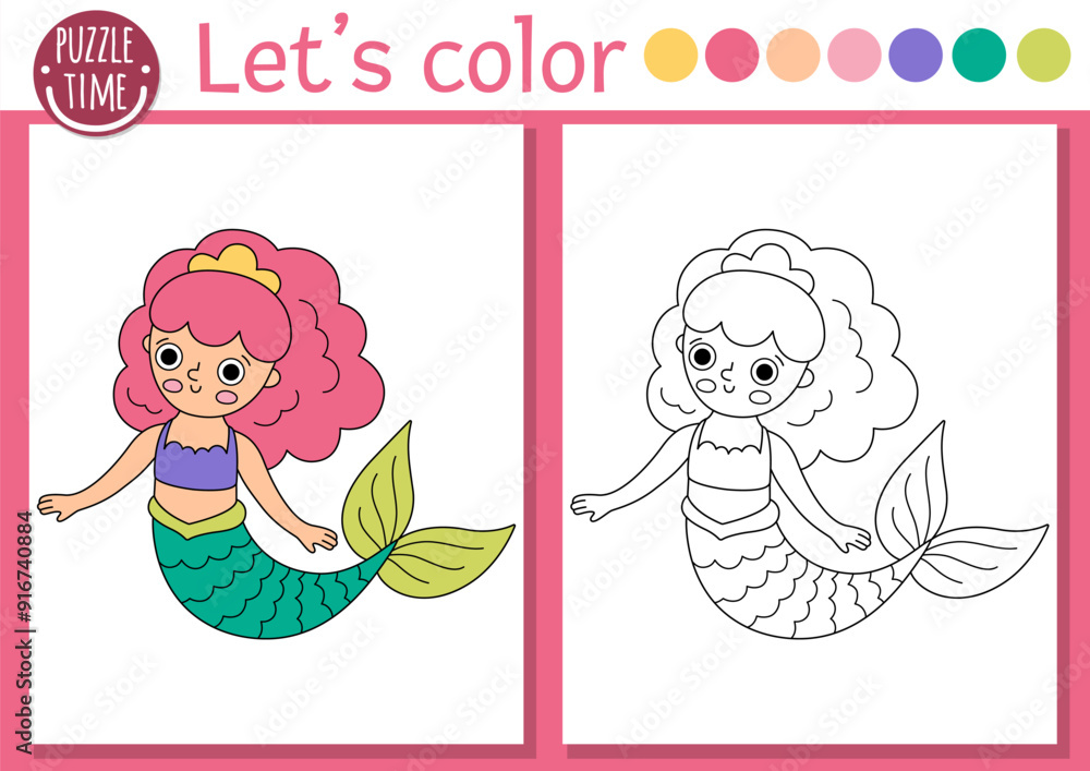 Mermaid coloring page for children with cute sea princess. Vector ocean ...