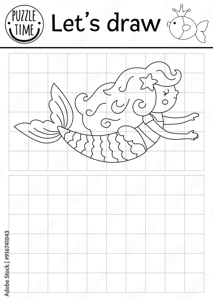 Draw the mermaid. Vector ocean kingdom drawing practice worksheet with ...