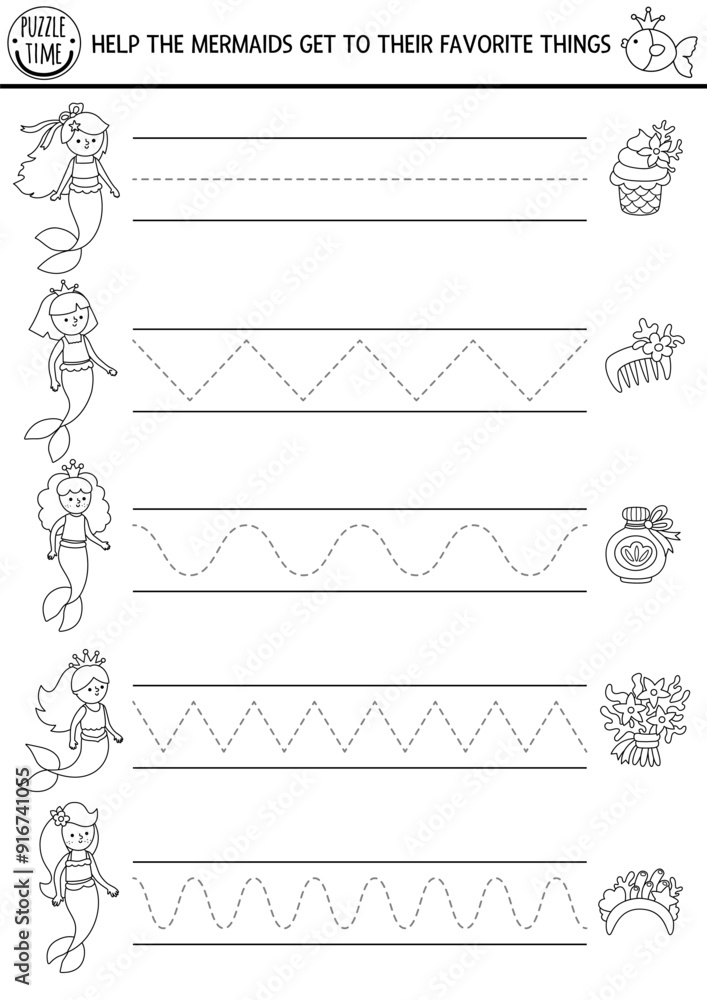 Vector mermaid handwriting practice worksheet. Ocean kingdom printable ...