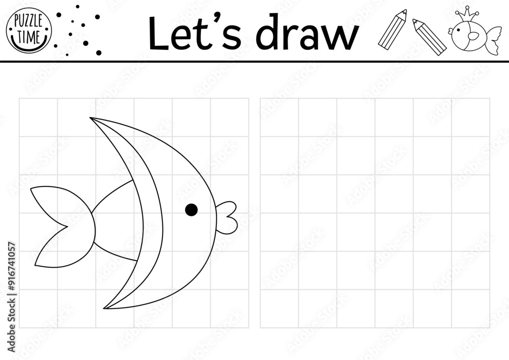 Draw the fish. Vector ocean kingdom drawing practice worksheet with ...