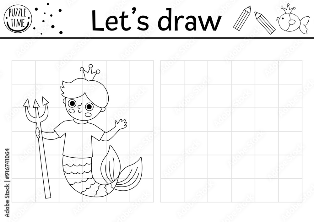 Draw the merman. Vector ocean kingdom drawing practice worksheet with ...