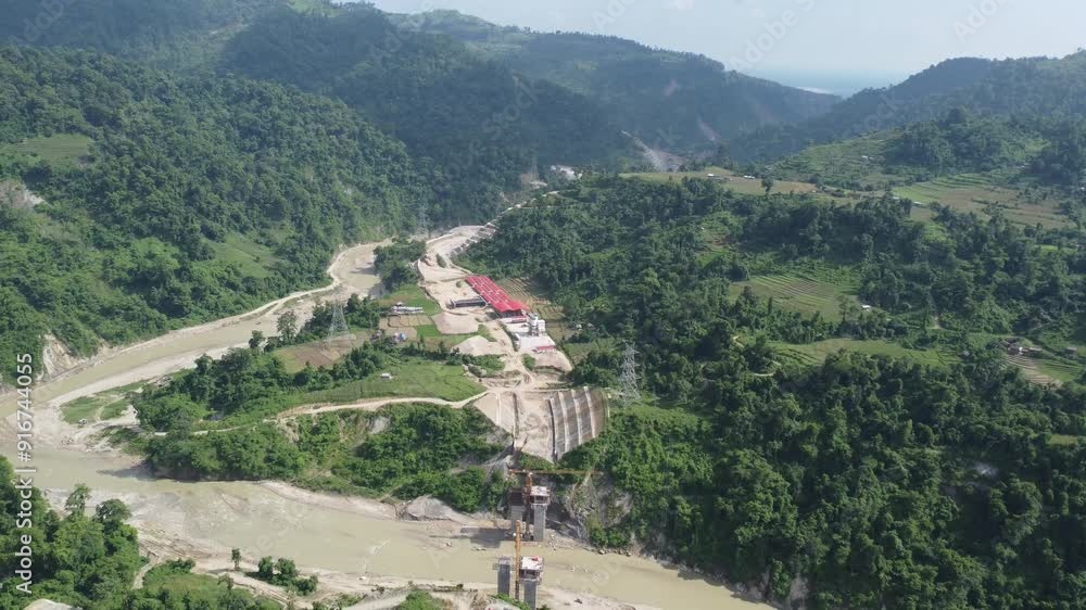 Aerial view of highway road construction in Nepal. Construction site ...