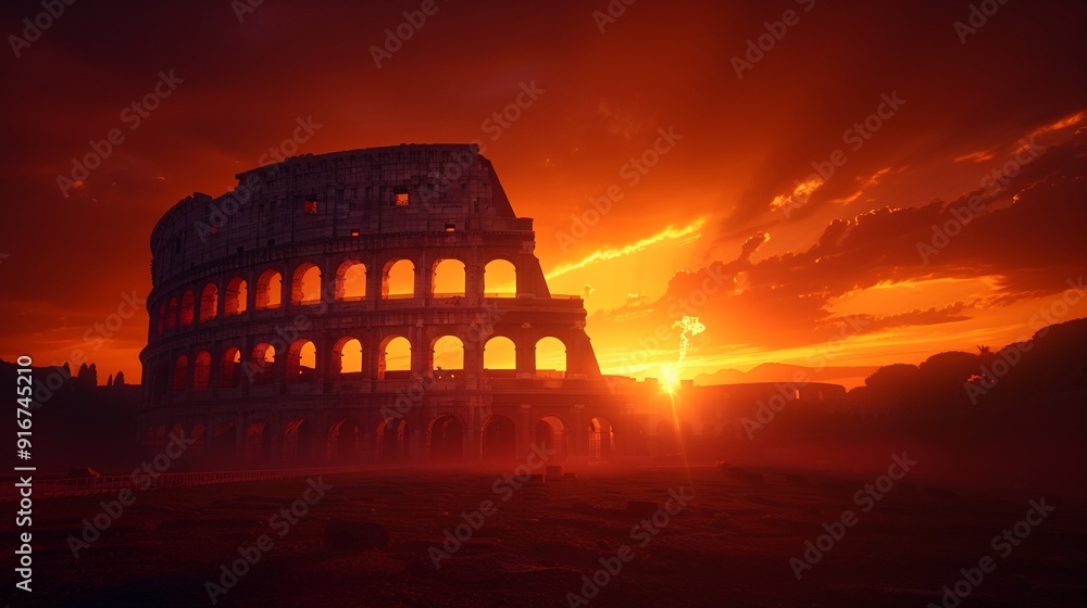 Hazy scene of the Coliseum with the Olympic flame flickering, enhancing ...