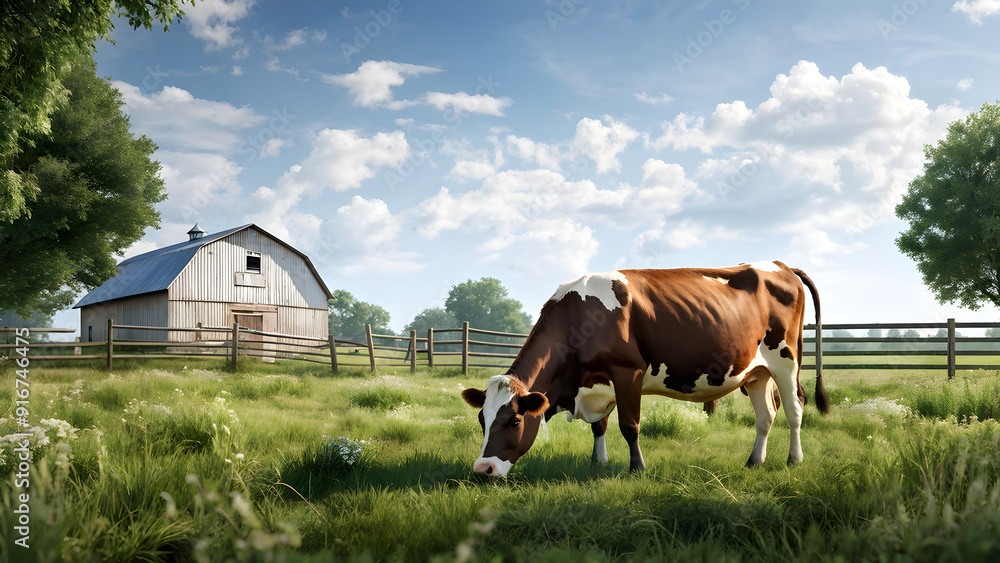 The backdrop consists of a modest barn and some fencing, and the ...