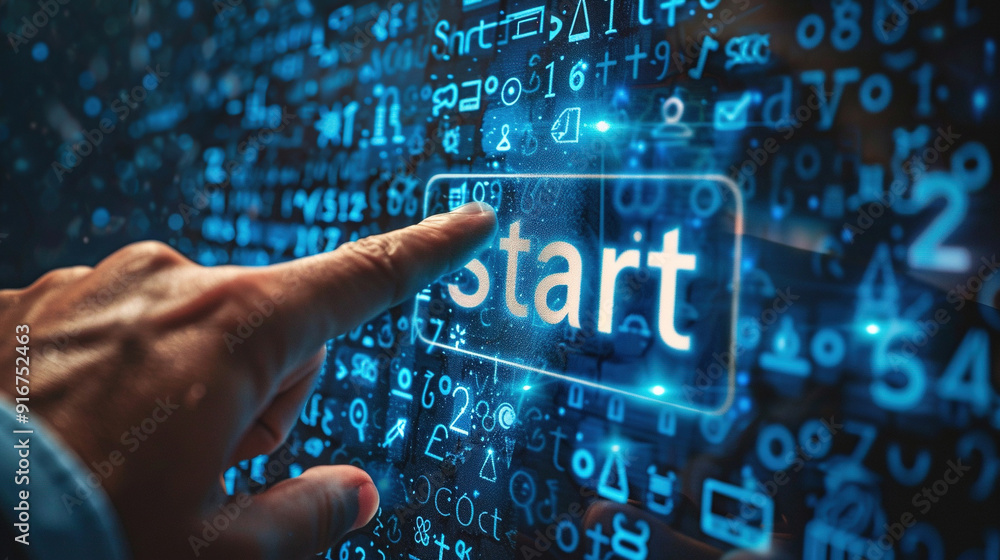 Finger pushing futuristic neon start button , beginning of a process or ...