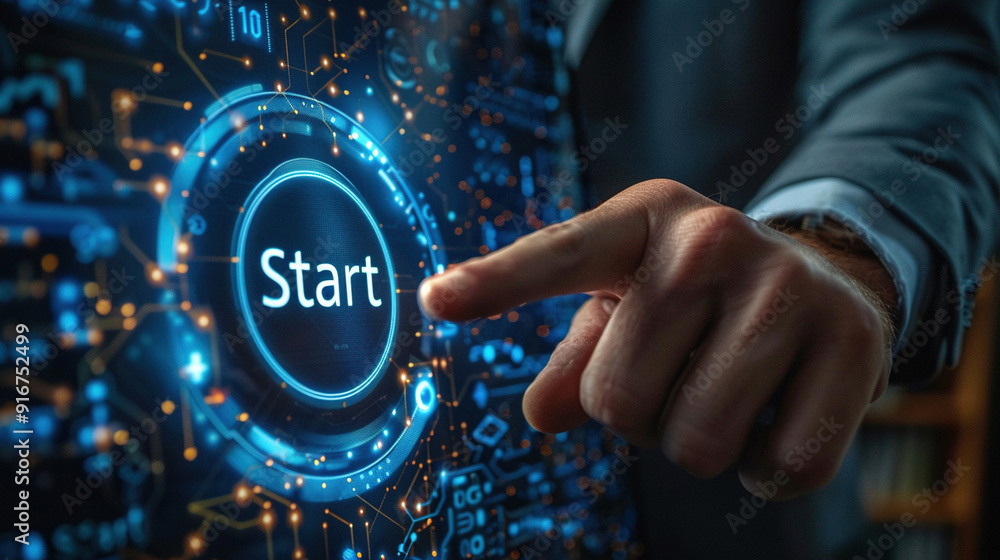 Finger pushing futuristic neon start button , beginning of a process or ...