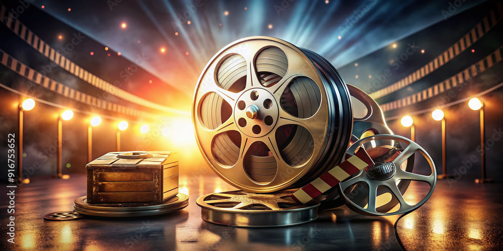 Vintage film reel spinning with glowing light, surrounded by cinematic ...