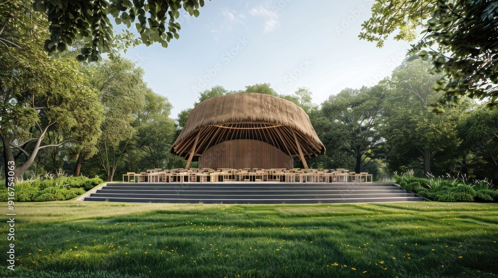 Large open-air stage scene design, open-air thatched stage built on an ...