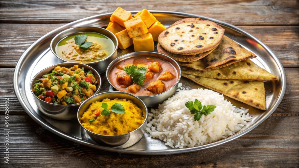 Traditional Indian vegetarian thali with Aloo ki sabji, dal rice, Roti ...