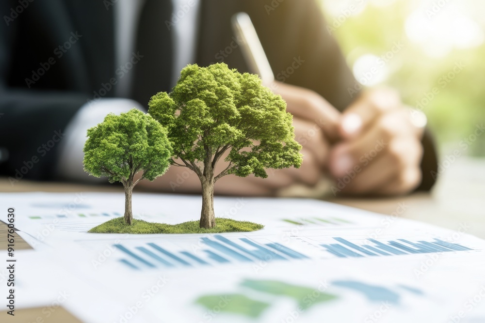 Businessman analyzing green growth charts and reports with miniature ...
