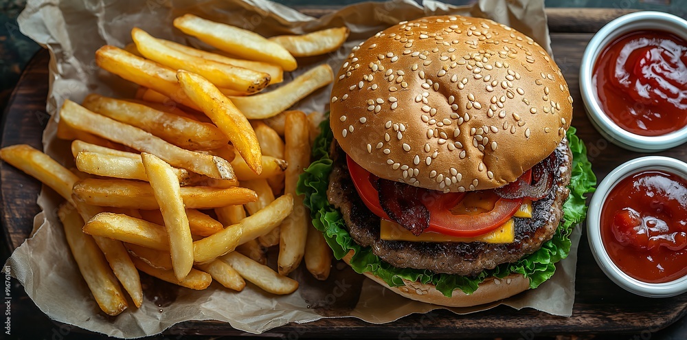 person holding up two different burgers with fries on the tray below ...