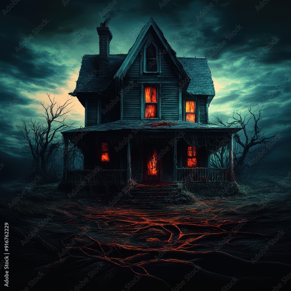 Eerie haunted house at night with glowing windows, surrounded by ...