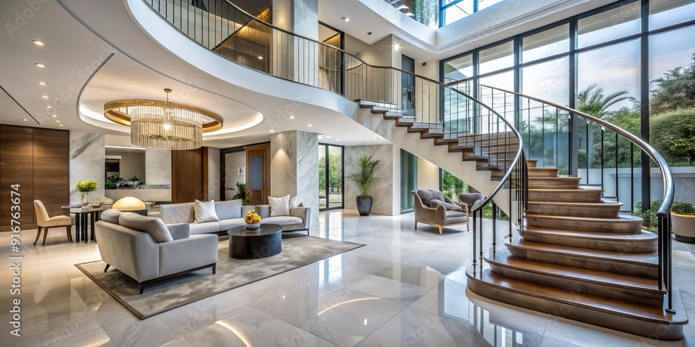Sleek curved marble staircase ascends through expansive open-plan ...