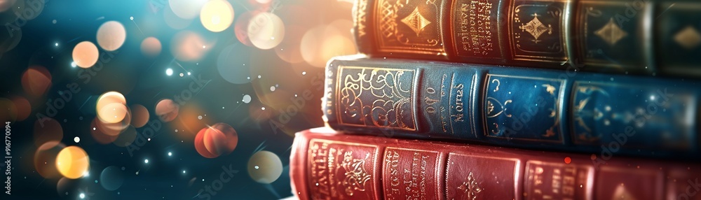 Layered books with embossed lettering and a decorative emblem ...