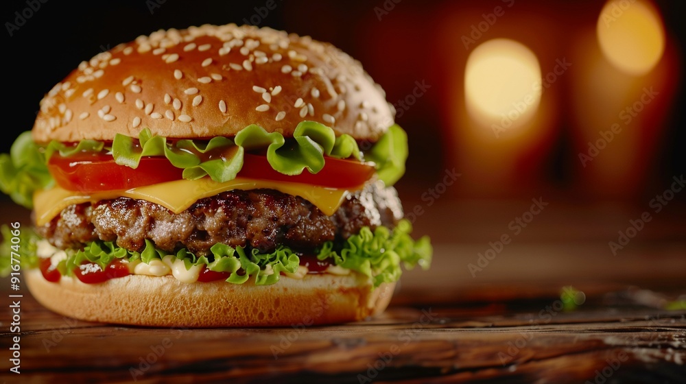 Elegant filminspired shot of a classic burger adorned with gourmet ...