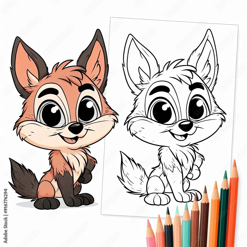Adorable cartoon fox character next to a coloring page outline with ...
