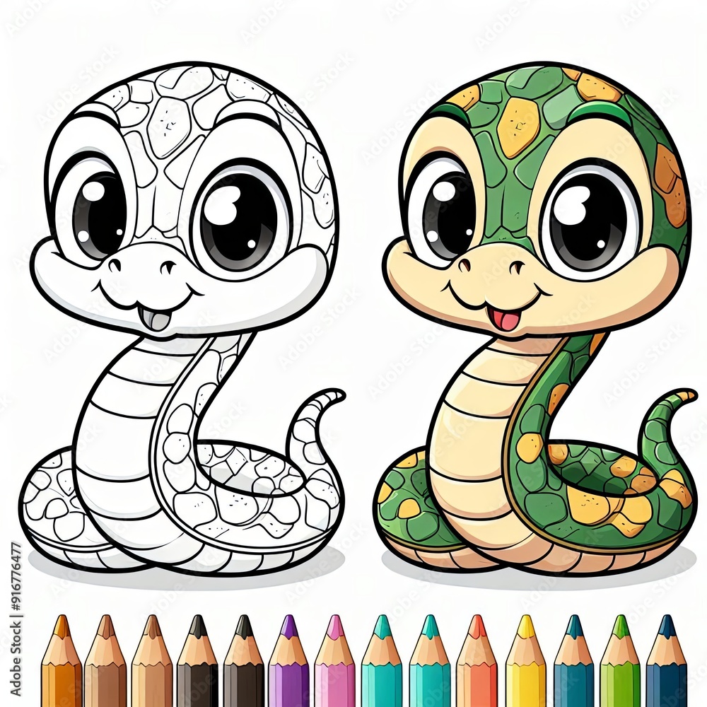 Adorable cartoon snake illustration, one black and white, one colored ...