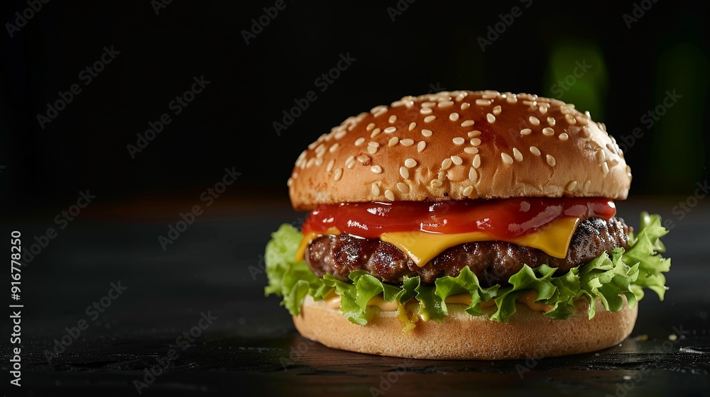 Artfully staged dramatic shot of a gourmet burger topped with vibrant ...