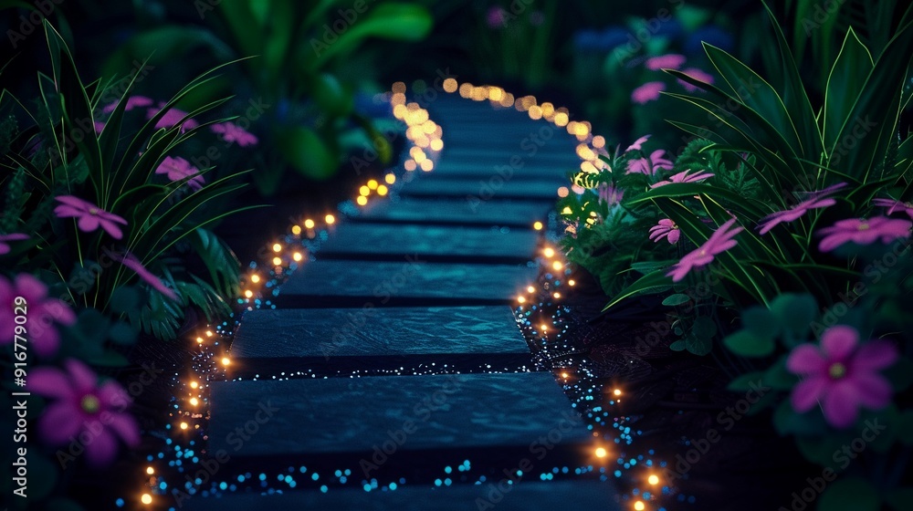 Magical, overhead perspective of a bordered garden with mystical plants ...