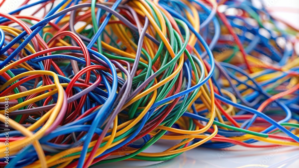 Entangled mess of colorful wires overlapping each other against a ...