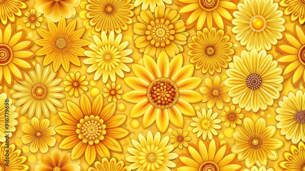 Vibrant yellow flower pattern repeats seamlessly in a kaleidoscope of ...